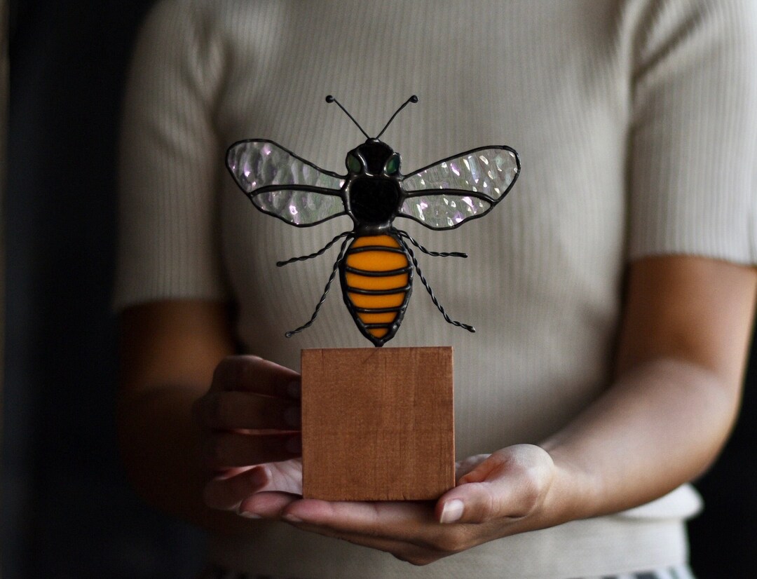 Stained Glass Bee With Wooden Base | Honey Bee | Bee Suncatcher | Bee ...