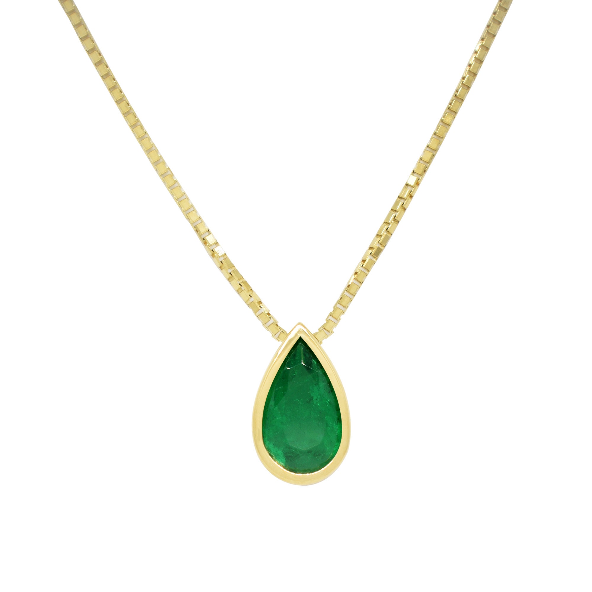 Pear Shape Solitaire Emerald Necklace In 18k Yellow Gold Bezel Etsy