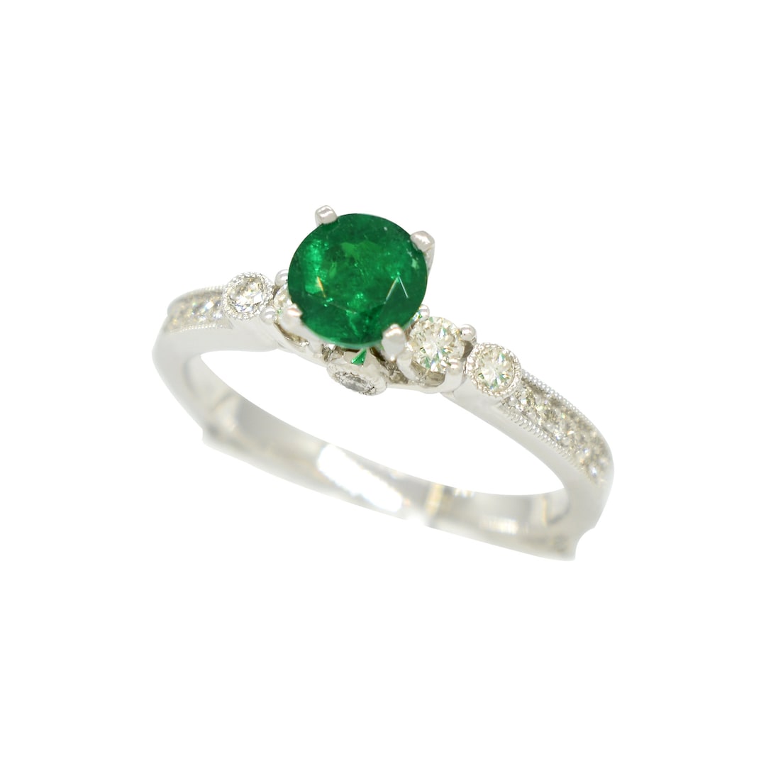 Small Emerald and Diamond Ring in White Gold With Round AAA Natural ...