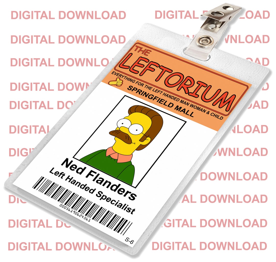 Ned Flanders, of the Simpsons, the Leftorium, ID Badge, Card, Name Tag ...