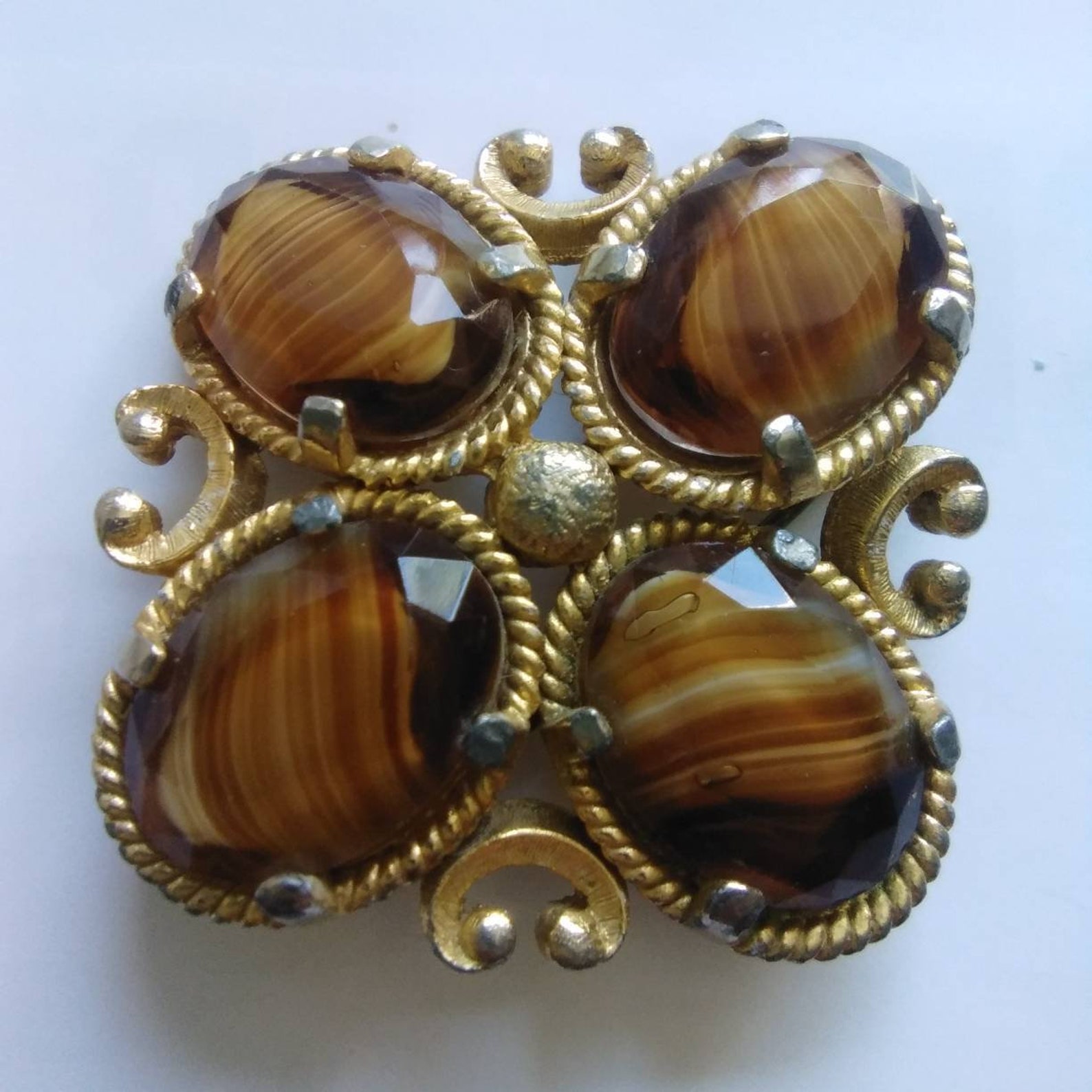 Vintage Sphinx Glass Tiger Eye Faceted Glass Brooch With Gold - Etsy
