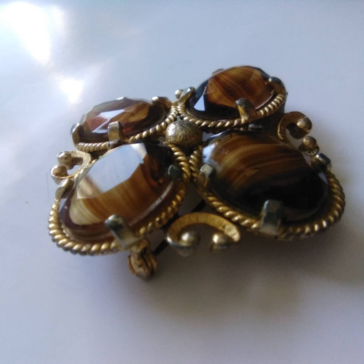Vintage Sphinx Glass Tiger Eye Faceted Glass Brooch With Gold - Etsy