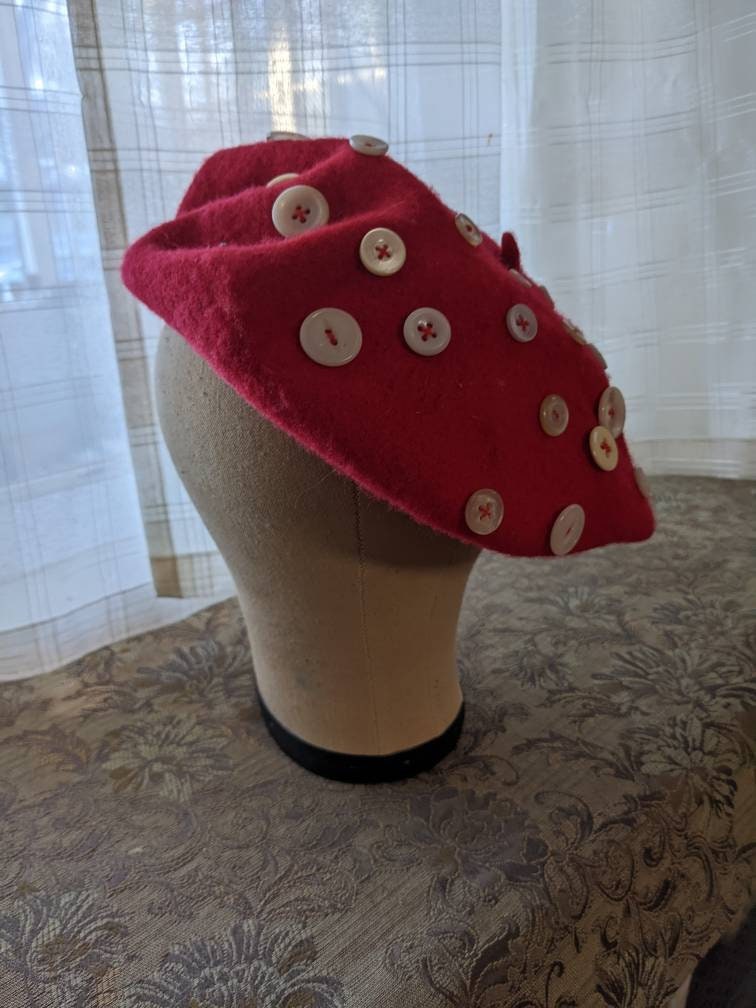 Vintage Button Mushroom Hat Red Beret | Etsy