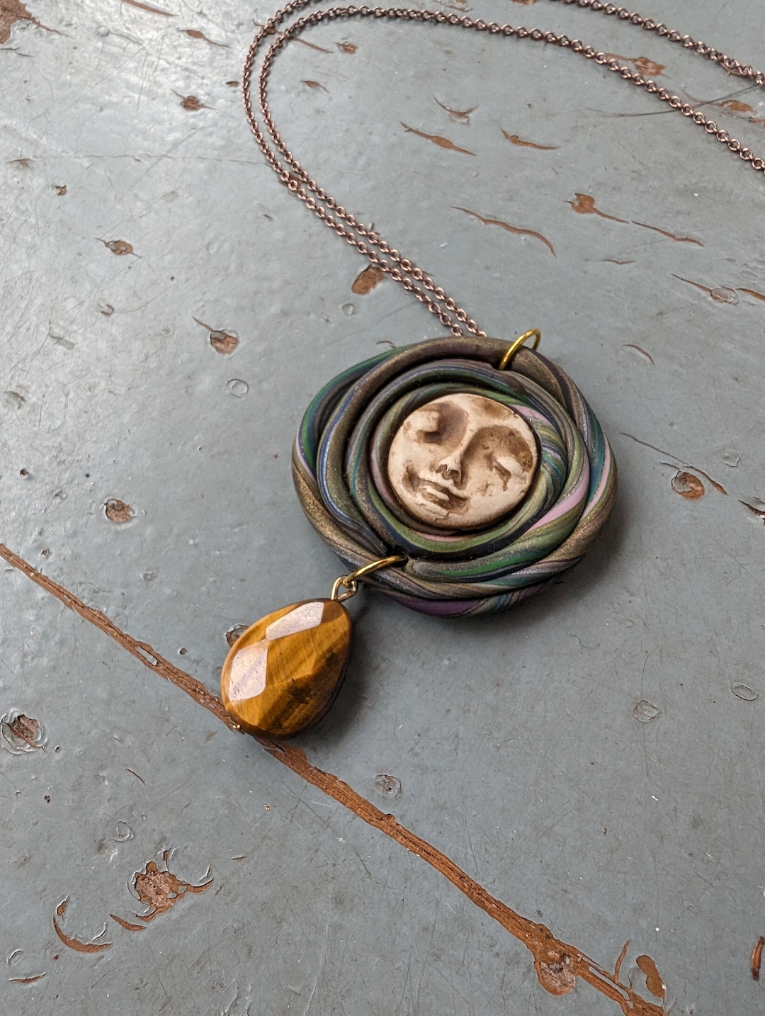 Handmade Polymer Clay Moon Face and Tiger Eye Pendant - Etsy