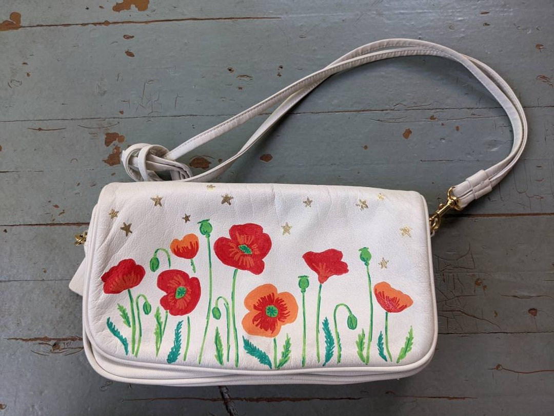 Hand Painted Poppy Flower and Stars Vintage Leather Handbag - Etsy