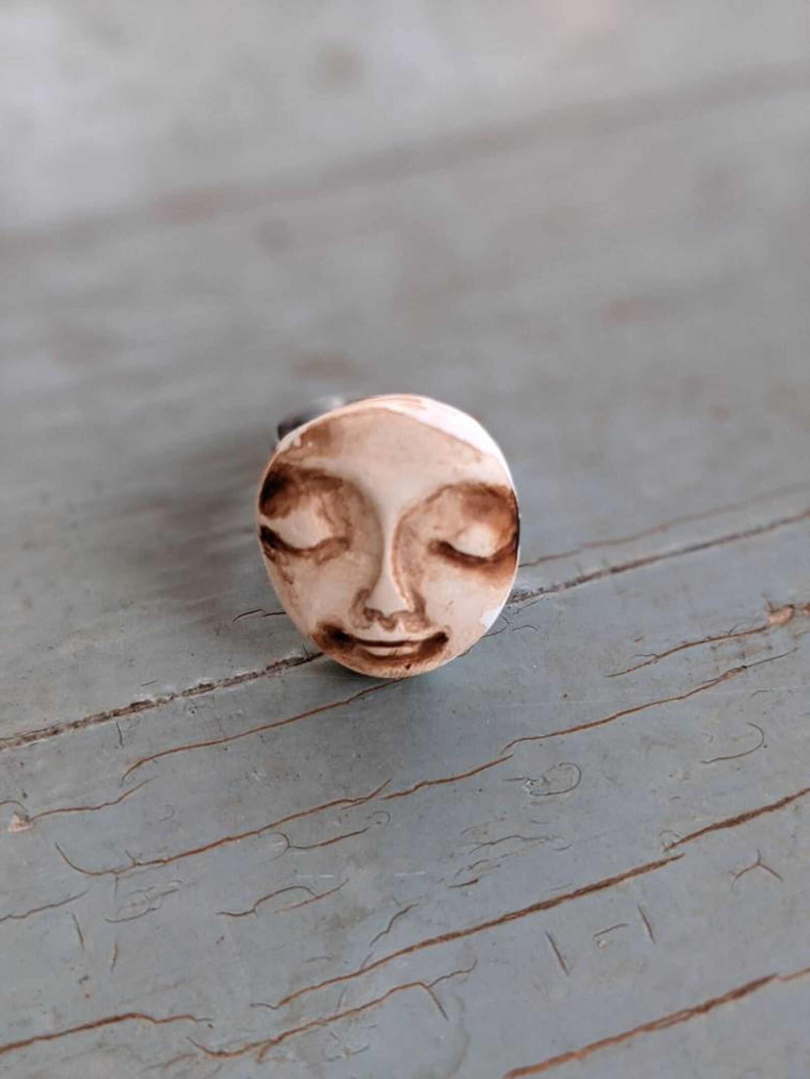Polymer clay full moon face statement ring | Etsy