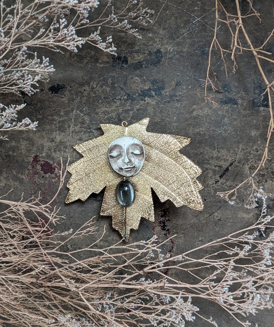 Handmade Polymer Clay Full Moon Face and Leaf Hair Barrette - Etsy