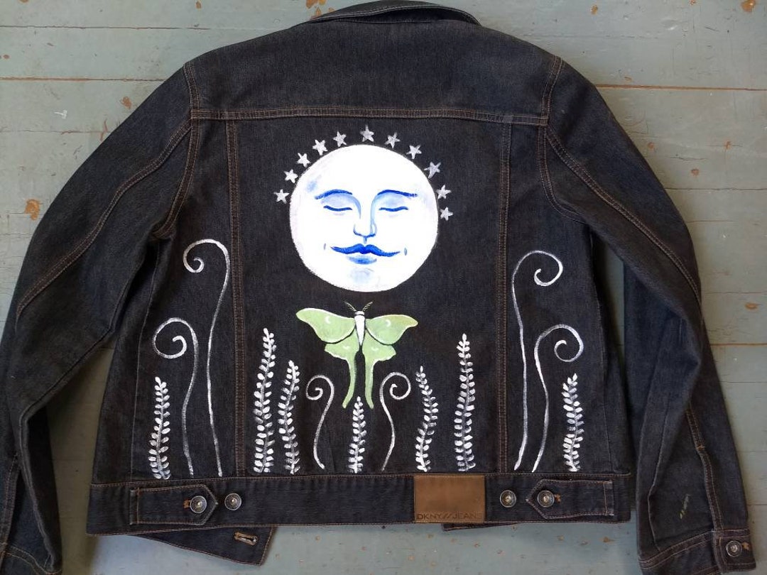 Luna and Full Moon Crowned Hand Painted Boho Jean Jacket - Etsy