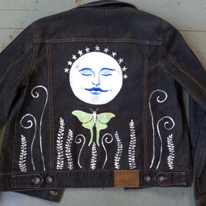 Luna and Full Moon Crowned Hand Painted Boho Jean Jacket - Etsy
