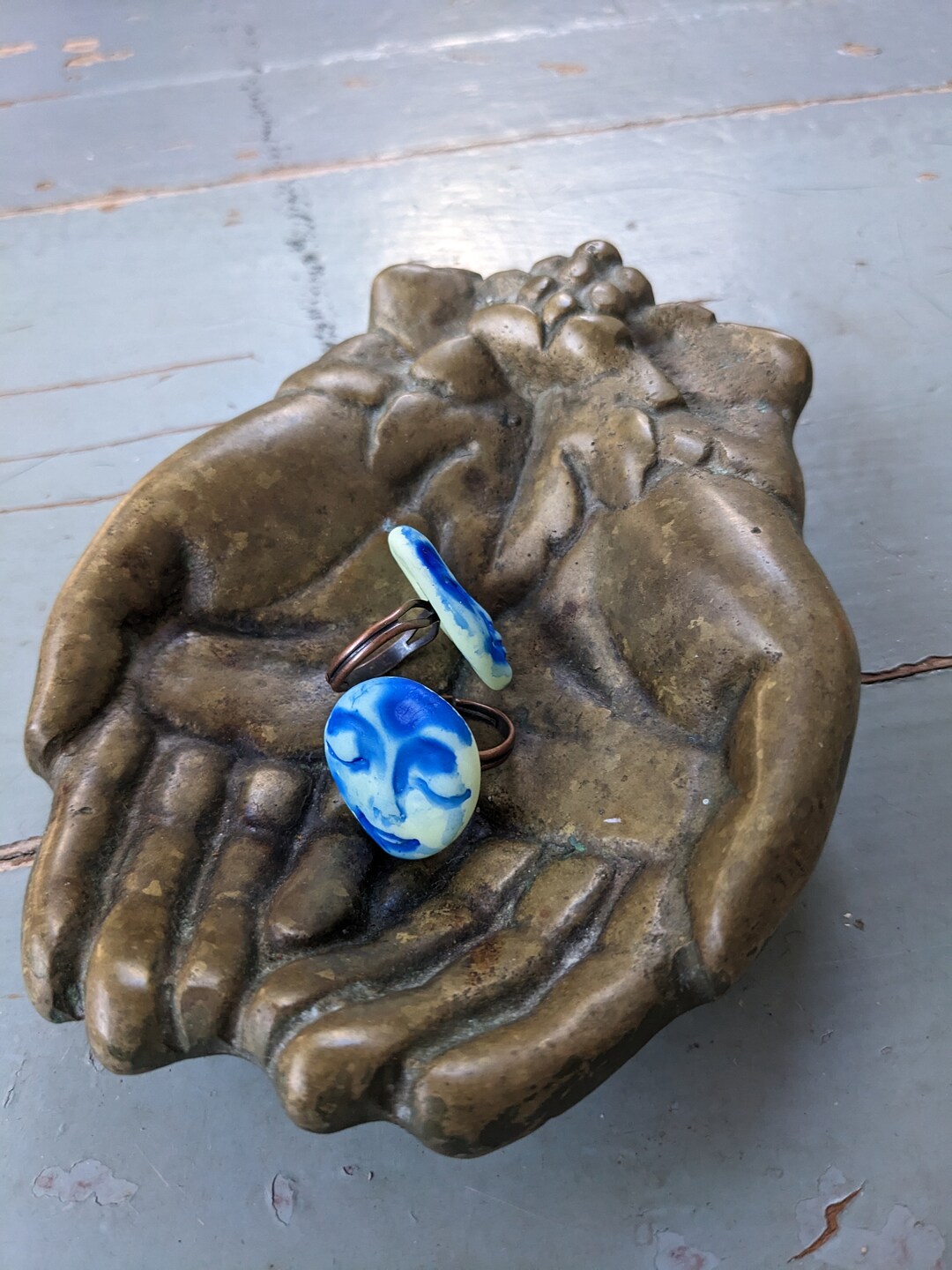 Handmade Polymer Clay Blue Moon Face Statement Ring - Etsy