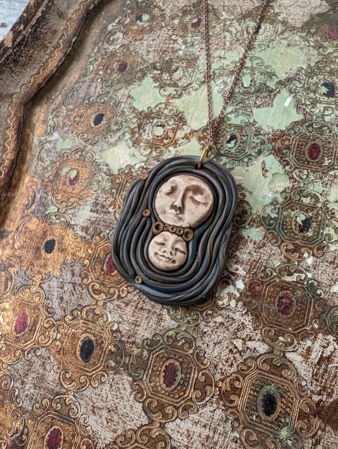Handmade Polymer Clay Moon Face Mother and Child Pendant - Etsy