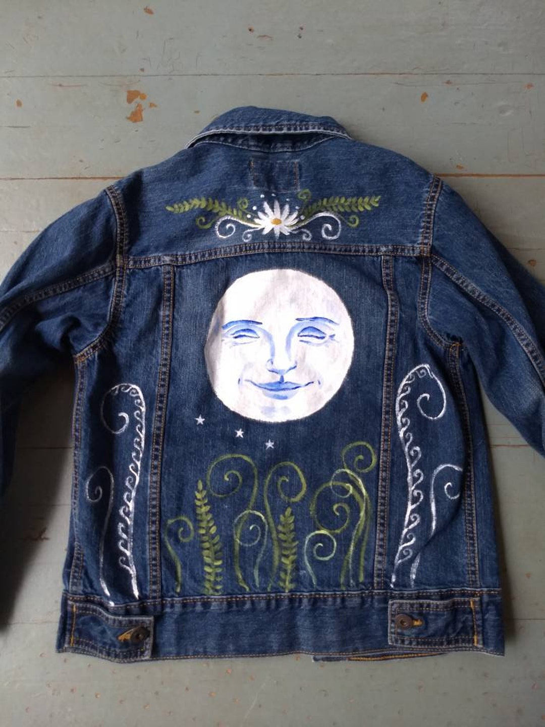 Happy Full Moon and Ferns Hand Painted Jean Jacket - Etsy