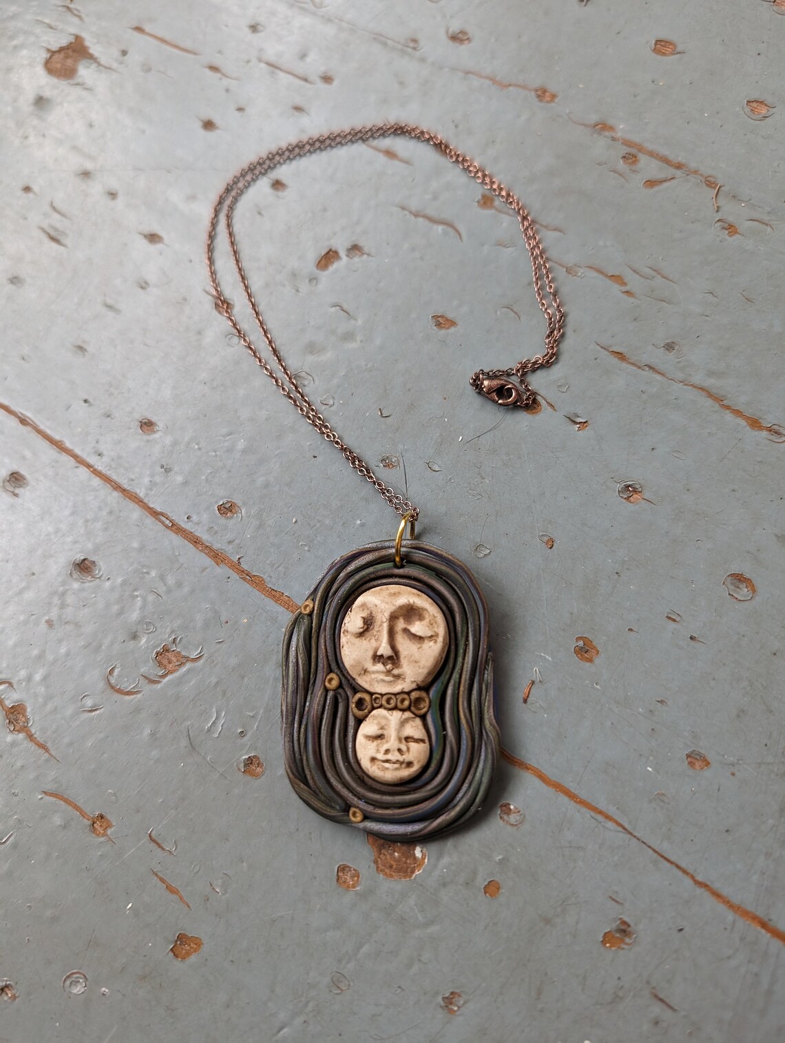 Handmade Polymer Clay Moon Face Mother and Child Pendant - Etsy