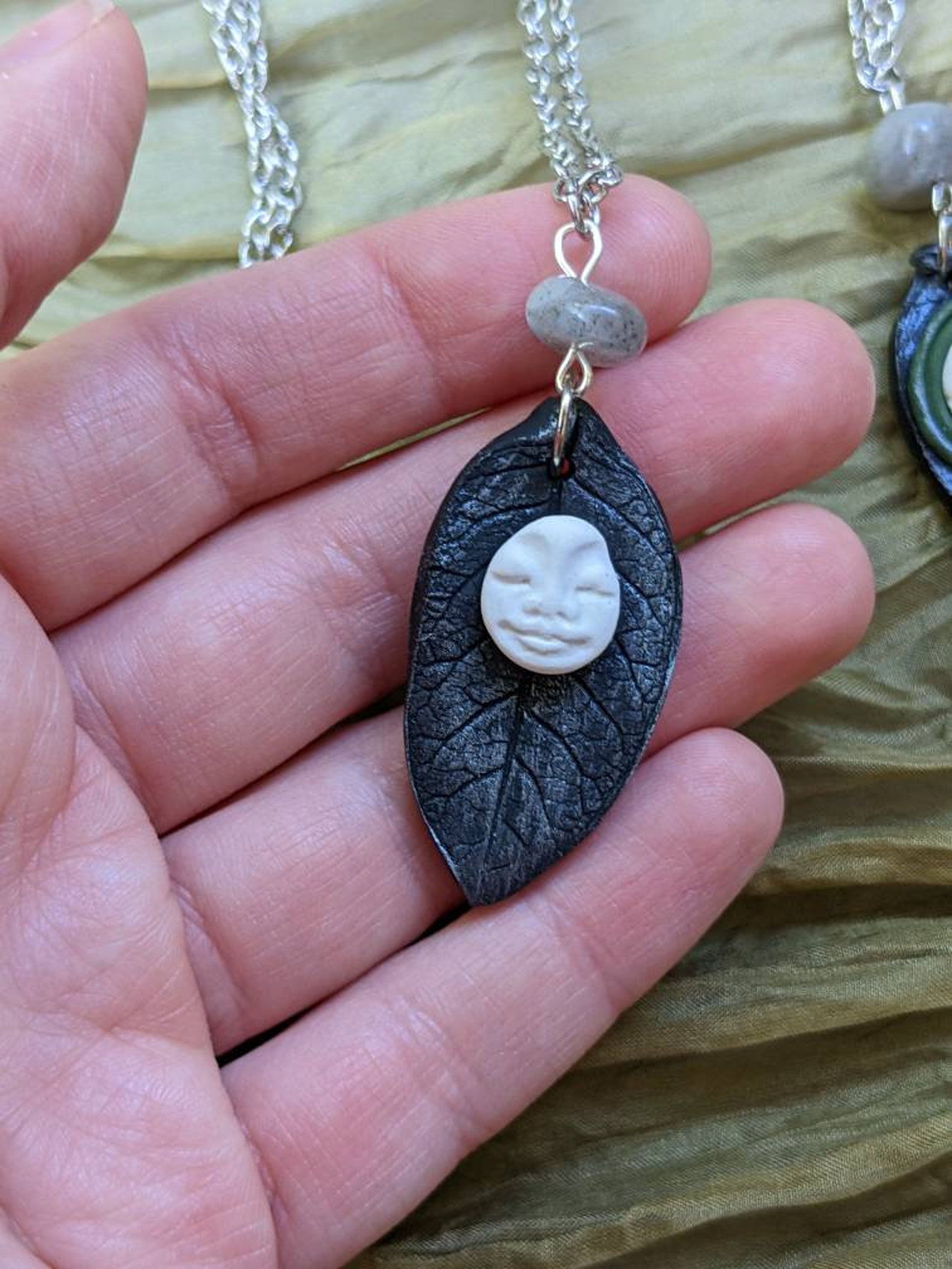 Handmade Polymer Clay Full Moon Face and Silver Leaf Pendant With ...