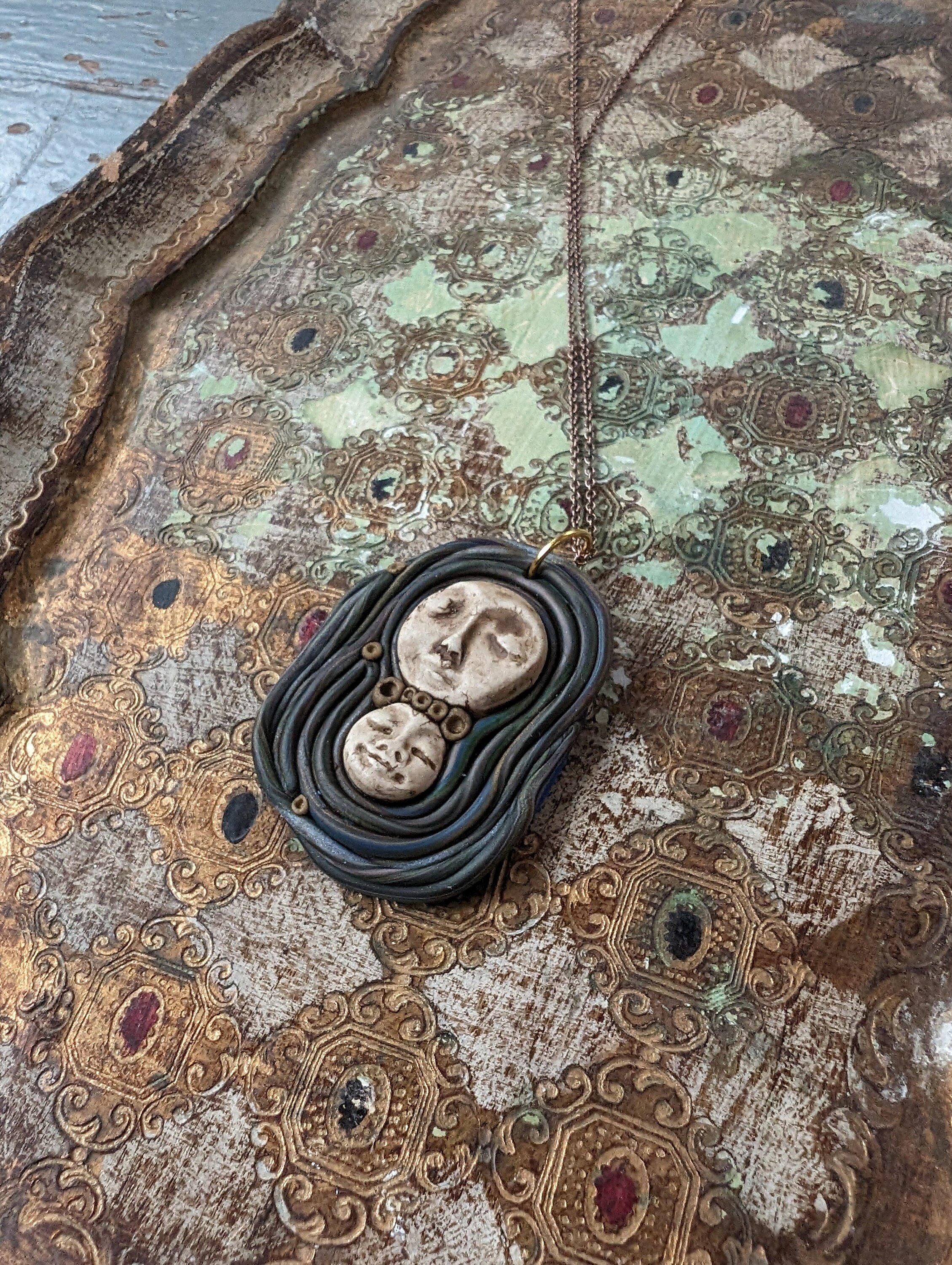 Handmade Polymer Clay Moon Face Mother and Child Pendant - Etsy