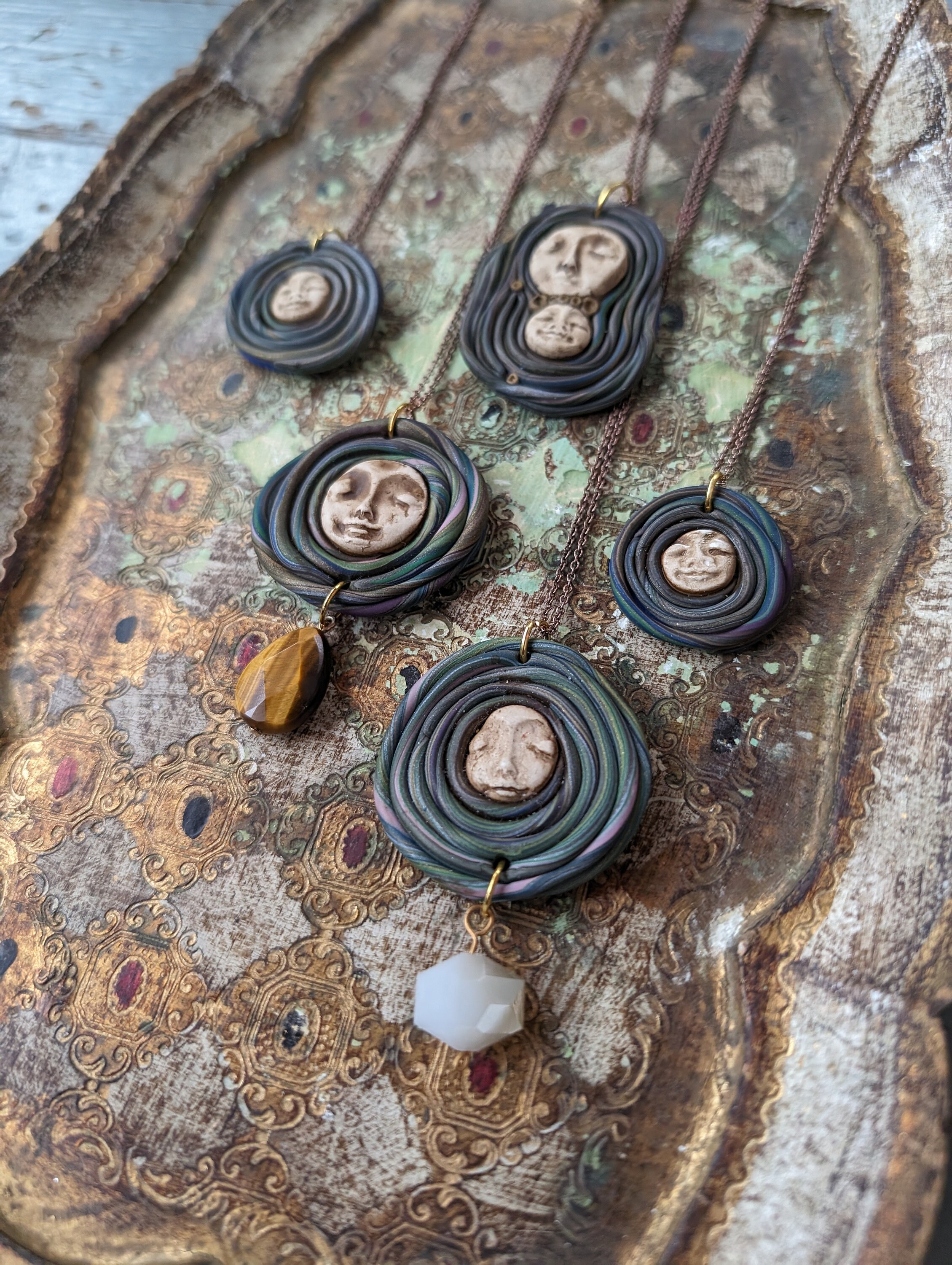 Handmade Polymer Clay Moon Face Mother and Child Pendant - Etsy