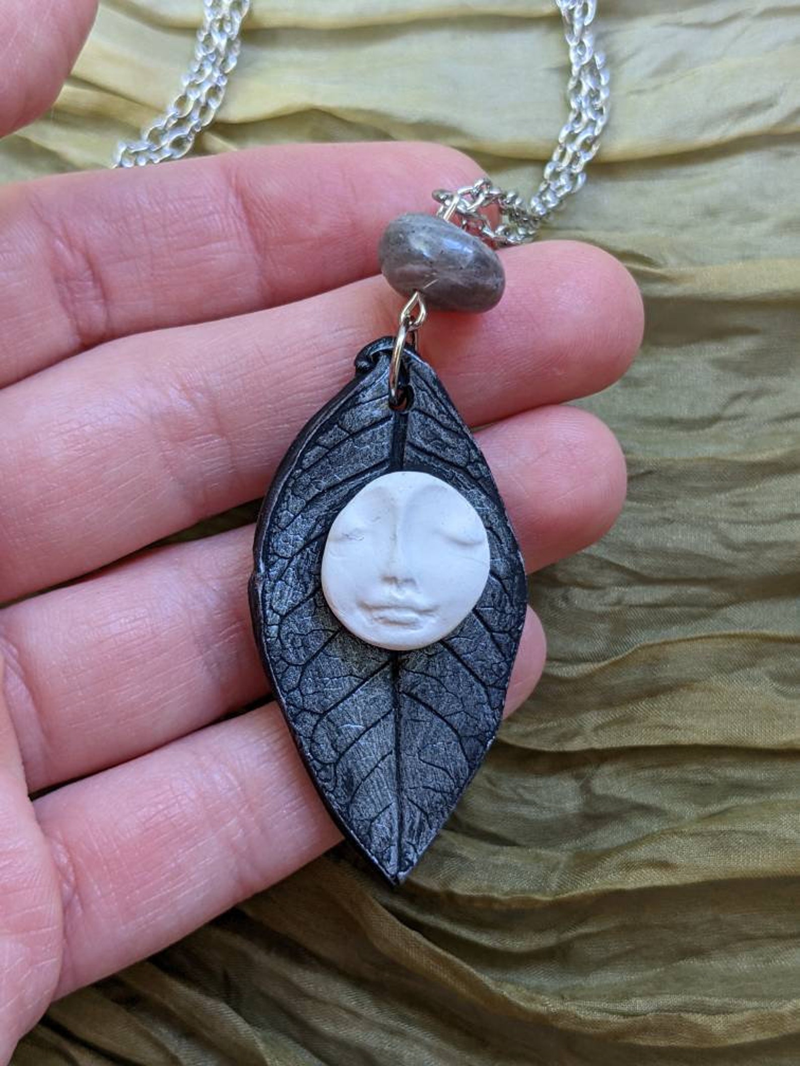 Handmade Polymer Clay Full Moon Face and Silver Leaf Pendant With ...