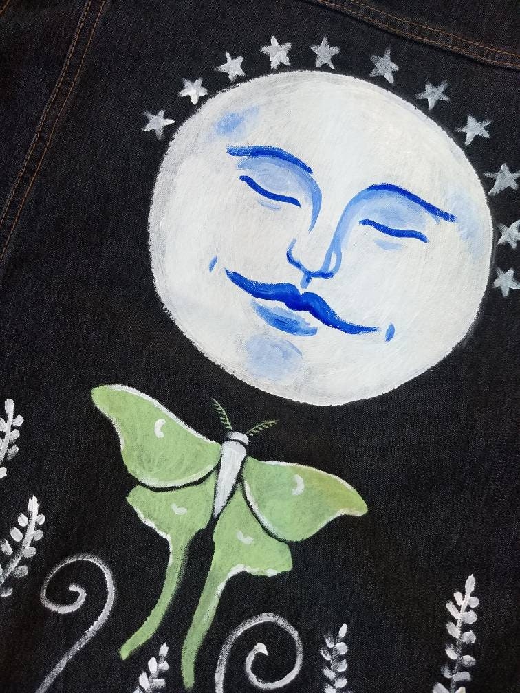 Luna and Full Moon Crowned Hand Painted Boho Jean Jacket - Etsy
