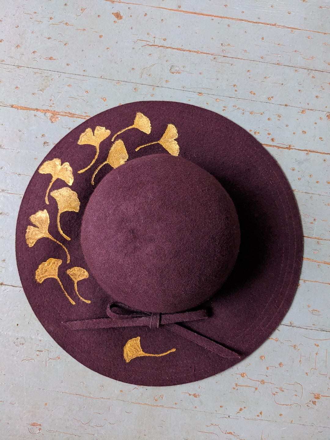 Hand Painted Gingko Leaf Floppy Wool Hat - Etsy