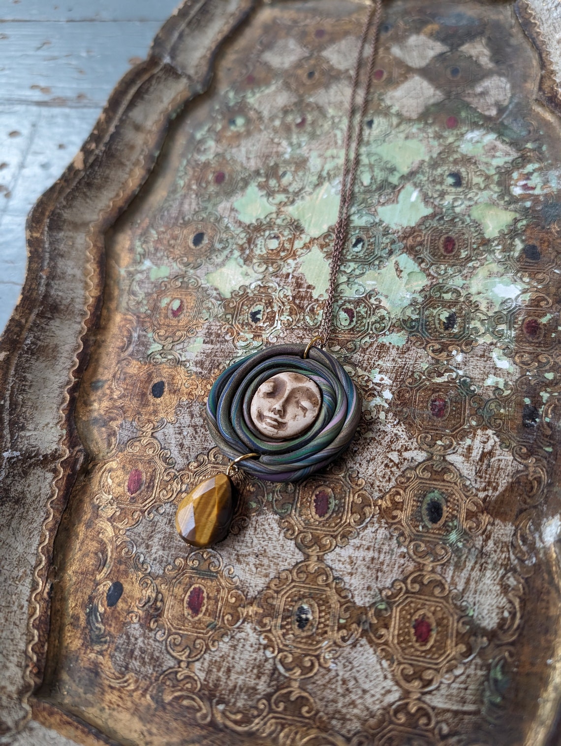 Handmade Polymer Clay Moon Face and Tiger Eye Pendant - Etsy