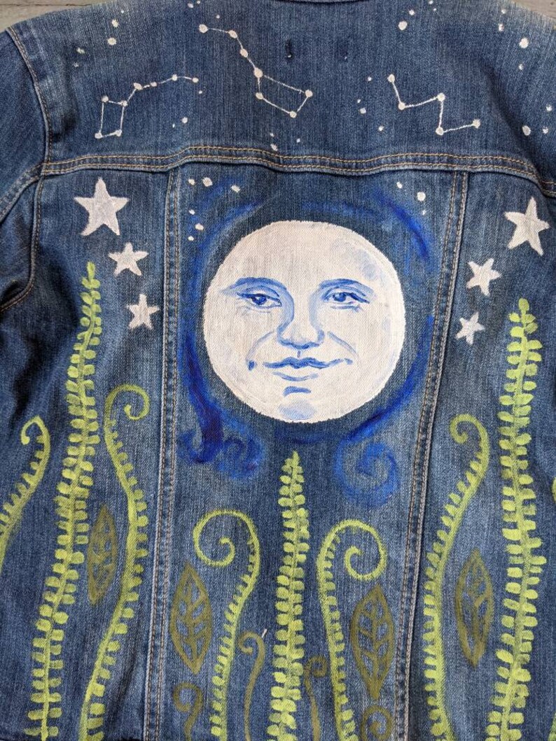 Hand Painted Original Full Moon Face With Ferns and | Etsy