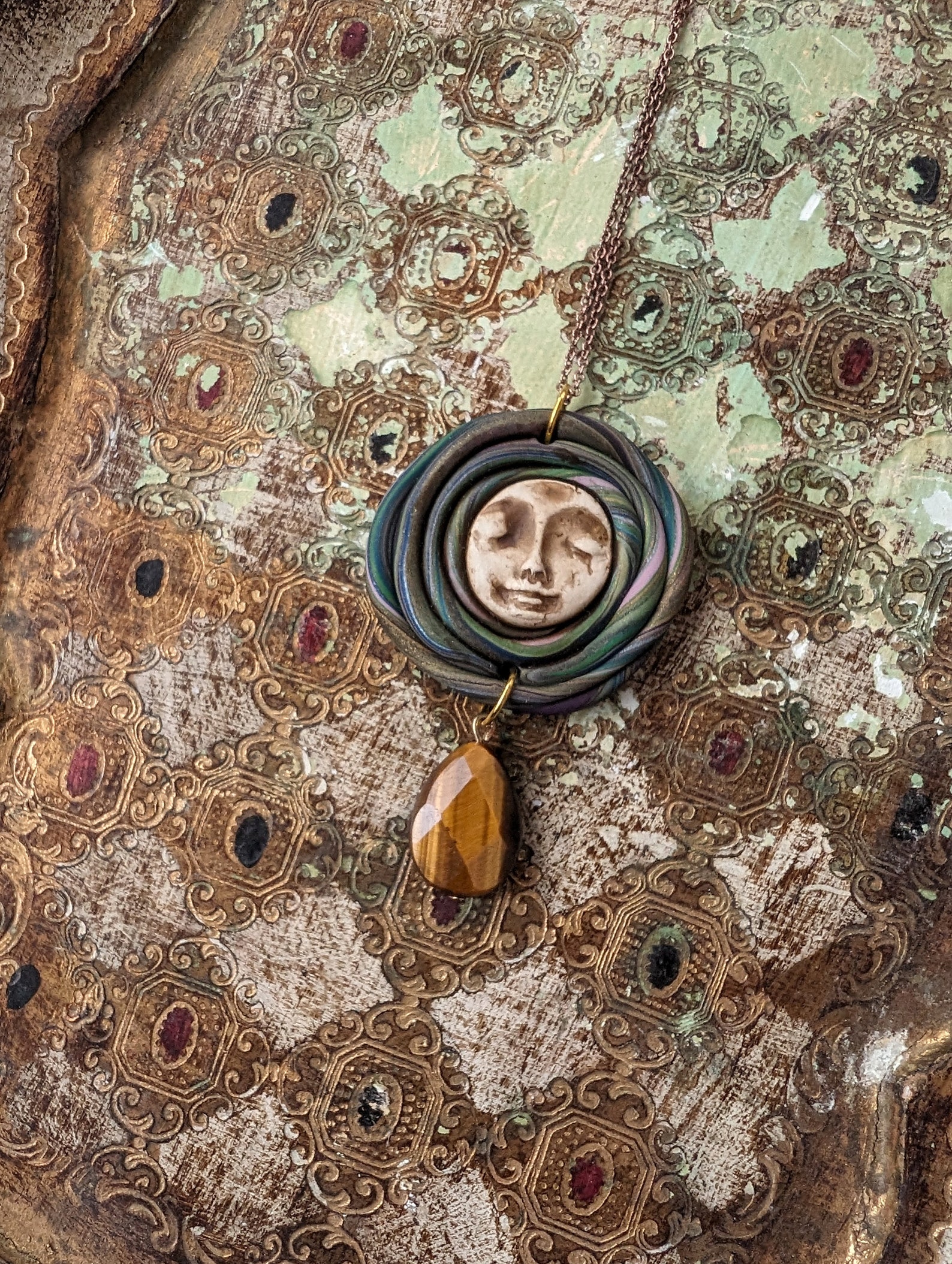 Handmade Polymer Clay Moon Face and Tiger Eye Pendant - Etsy