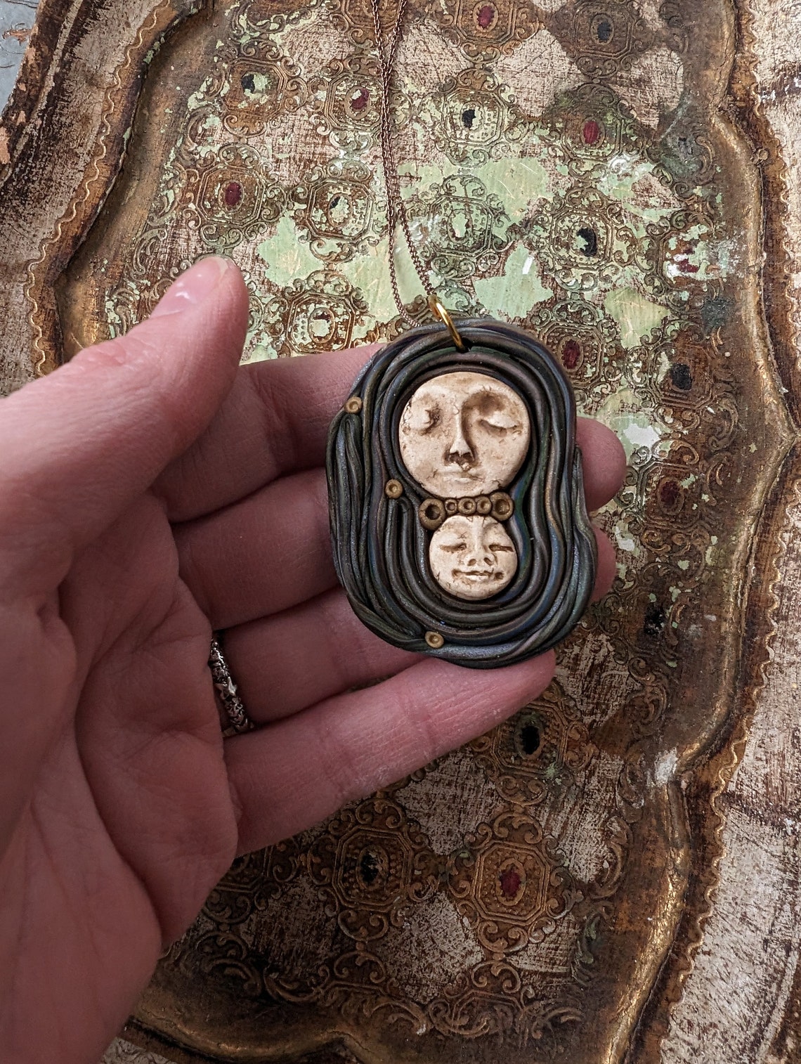 Handmade Polymer Clay Moon Face Mother and Child Pendant - Etsy