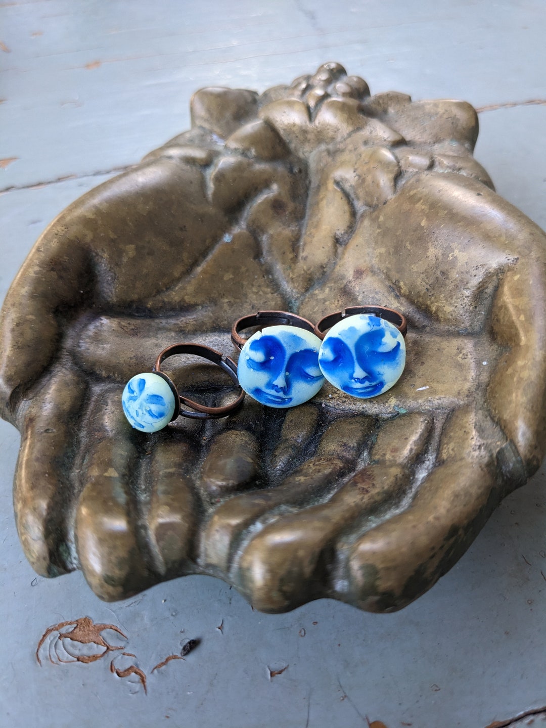 Handmade Polymer Clay Blue Moon Face Statement Ring - Etsy