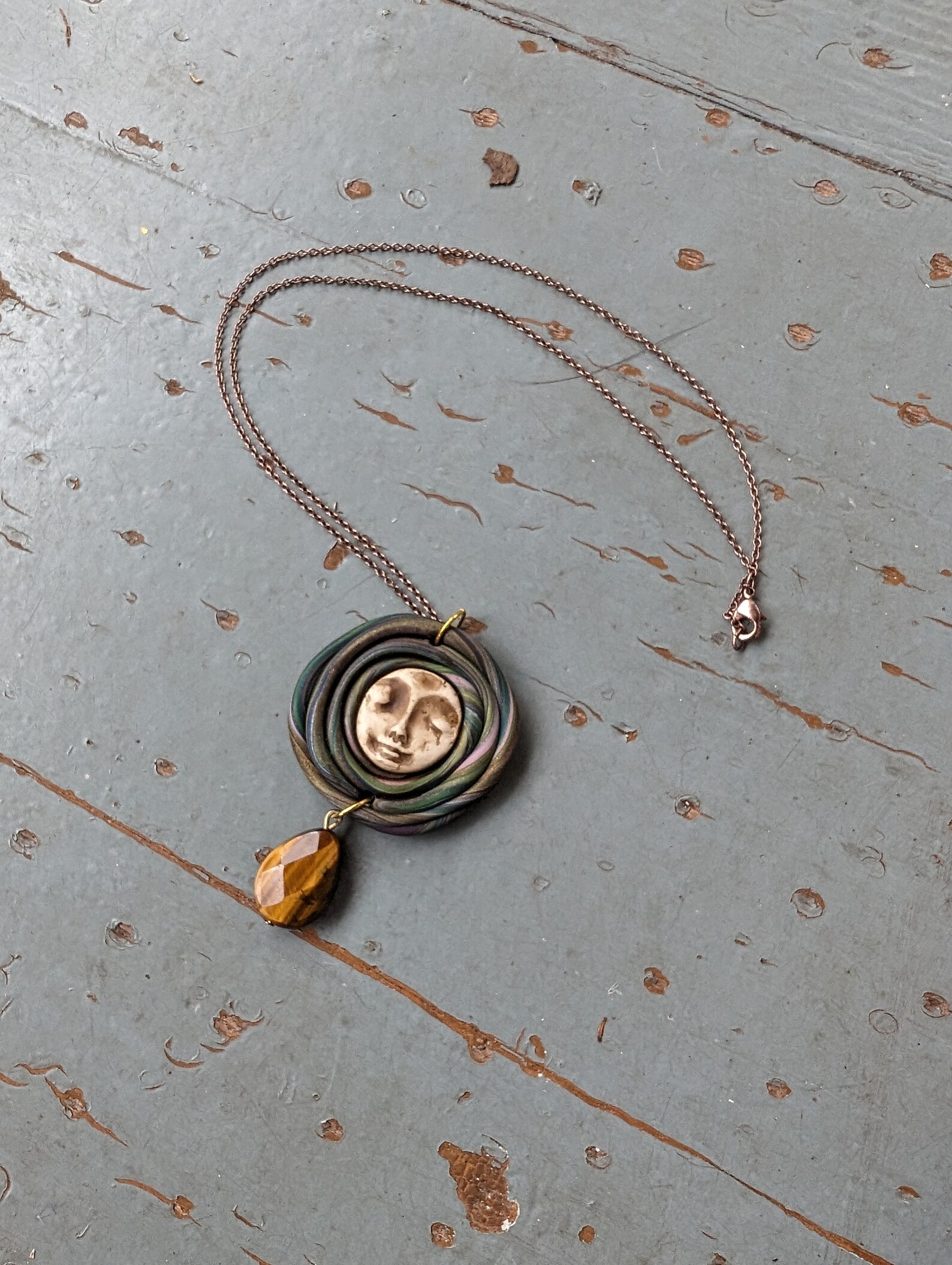 Handmade Polymer Clay Moon Face and Tiger Eye Pendant - Etsy