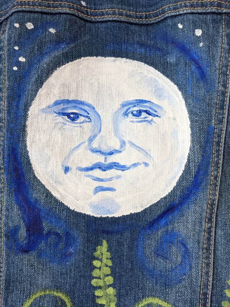 Hand Painted Original Full Moon Face With Ferns and | Etsy