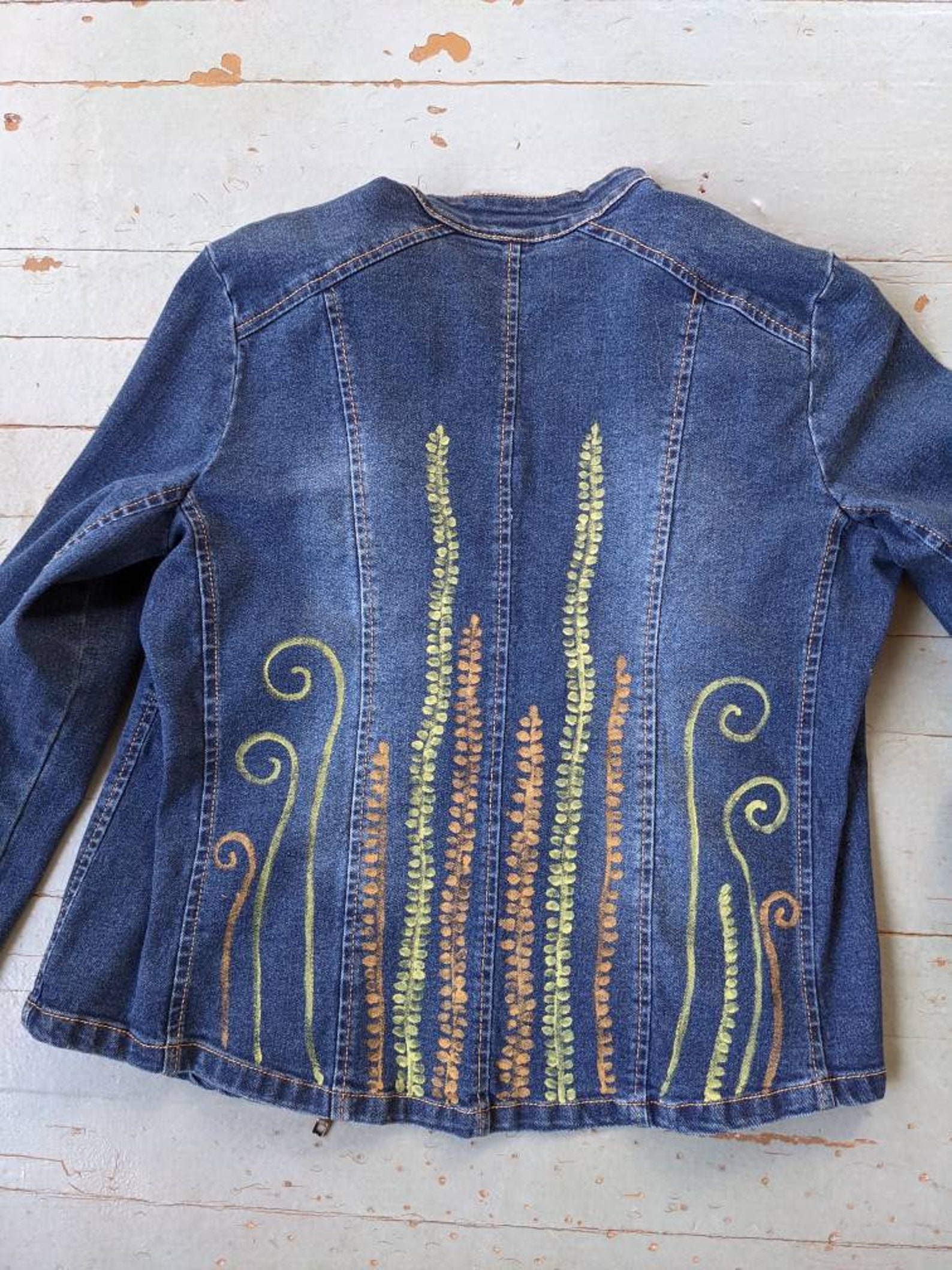 Cottagecore Hand Painted Upcycled Denim Jacket With Ferns - Etsy