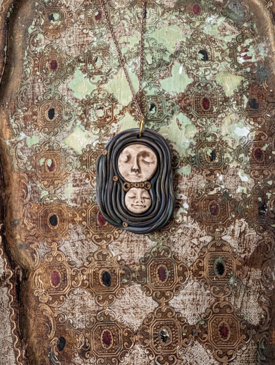 Handmade Polymer Clay Moon Face Mother and Child Pendant - Etsy