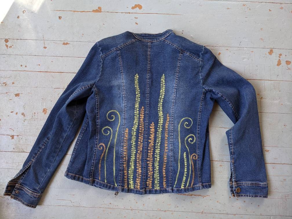 Cottagecore Hand Painted Upcycled Denim Jacket With Ferns - Etsy