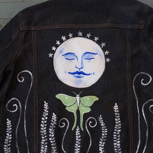 Luna and Full Moon Crowned Hand Painted Boho Jean Jacket - Etsy