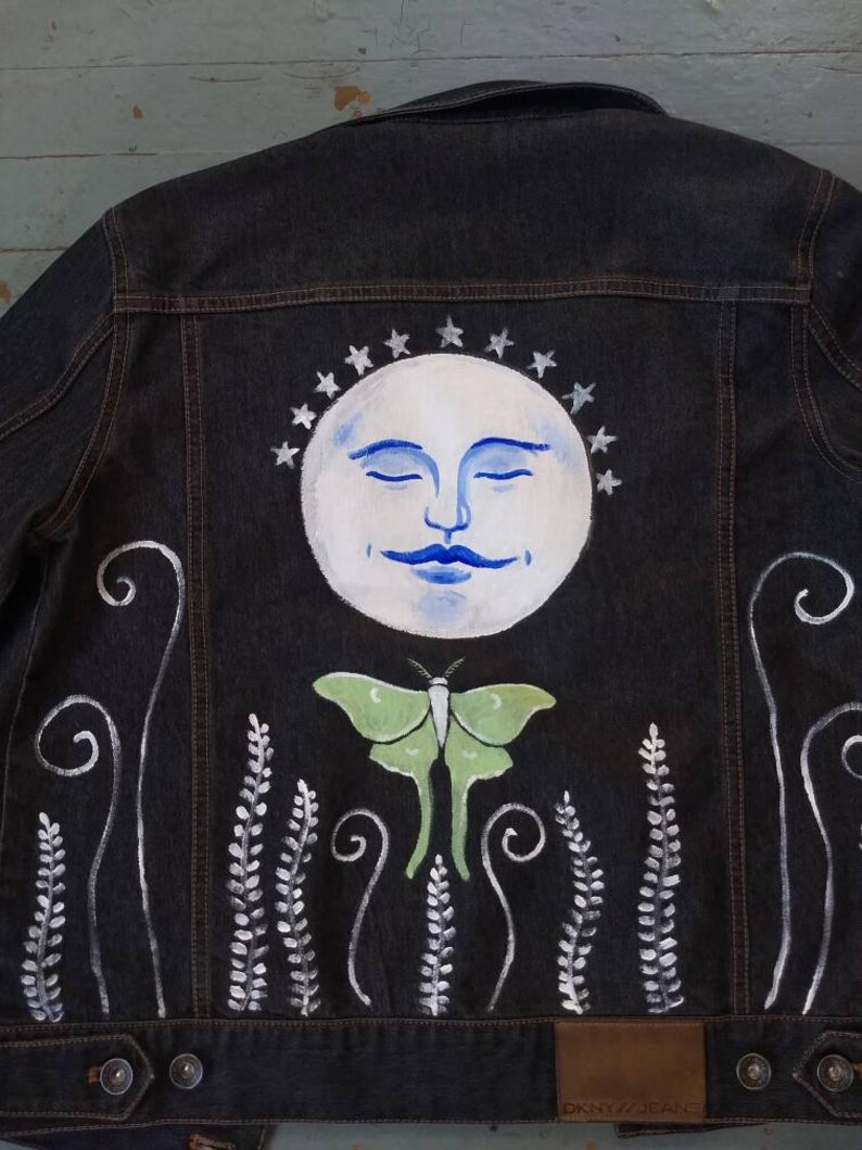 Luna and Full Moon Crowned Hand Painted Boho Jean Jacket - Etsy