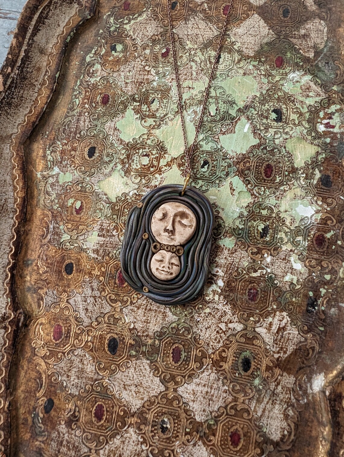 Handmade Polymer Clay Moon Face Mother and Child Pendant - Etsy