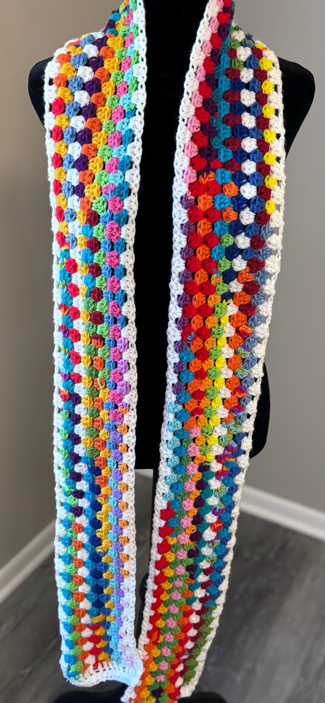 Crochet Scarf Pastel Rainbow Scrap Yarn Happy Bright Colors 86 in ...