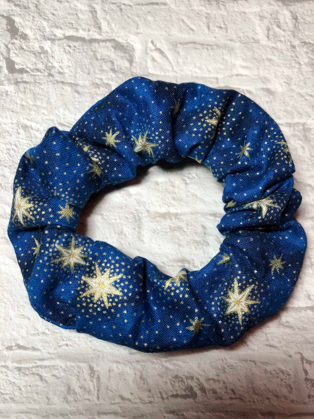 Blue With Metallic Gold Stars Celestial Fabric Hair Scrunchie Ponytail ...