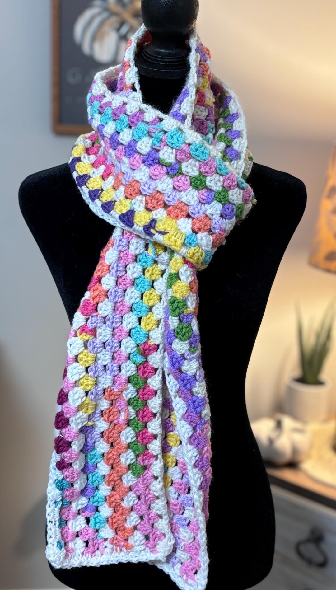 Crochet Scarf Pastel Rainbow Scrap Yarn Handmade Easter Spring Scarf ...
