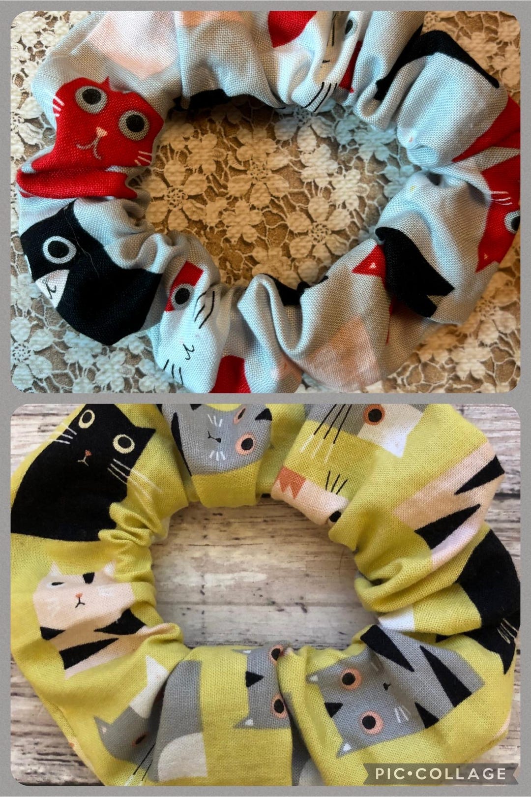 Cute Cat Scrunchies, Cat Hair Scrunchies, Gray Cat Scrunchie, Green ...