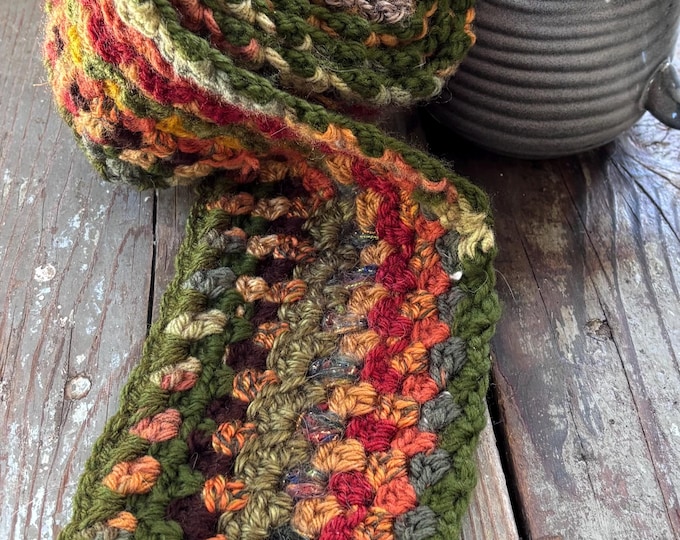 Handmade Crochet Scarf, Scrappy Autumn Scarf, Fall Colors, Green, Gold ...