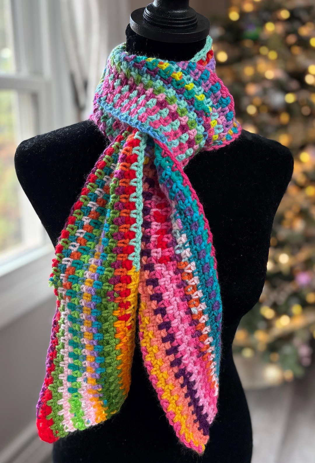 Rainbow Scarf Crochet Scrappy Winter Boho Scrap Yarn Teal Pink Yellow ...
