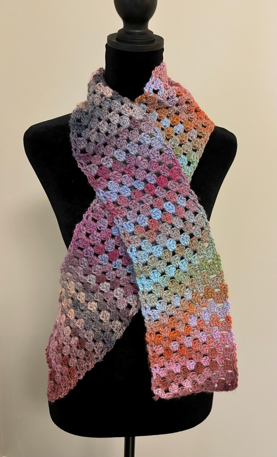 Boho Scrappy Crochet Scarf Granny Square Stripes Pink Purple Green ...