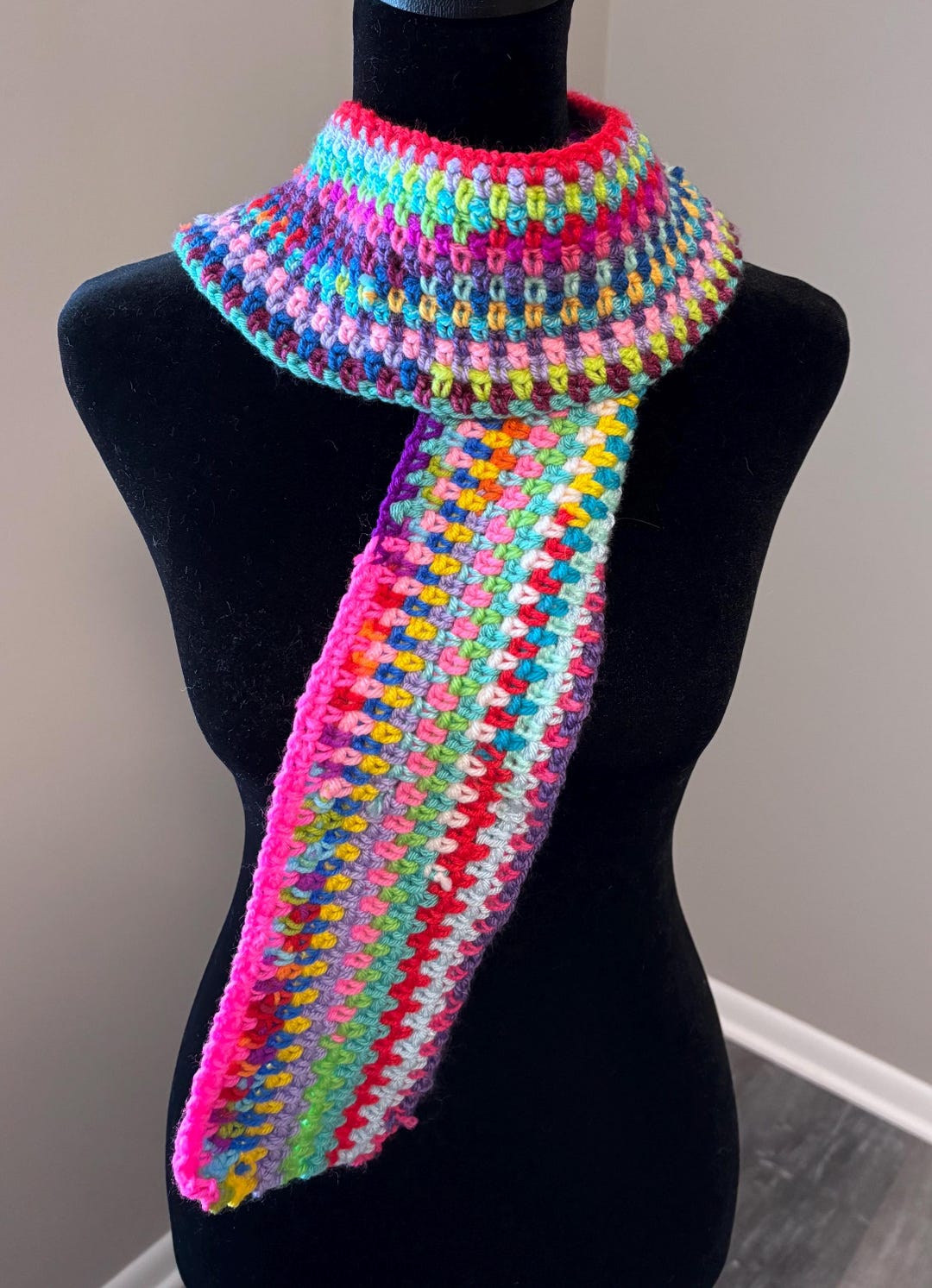 Rainbow Scarf Scrappy Boho Crochet Scarf 55 Inches Pink Turquoise Blue ...