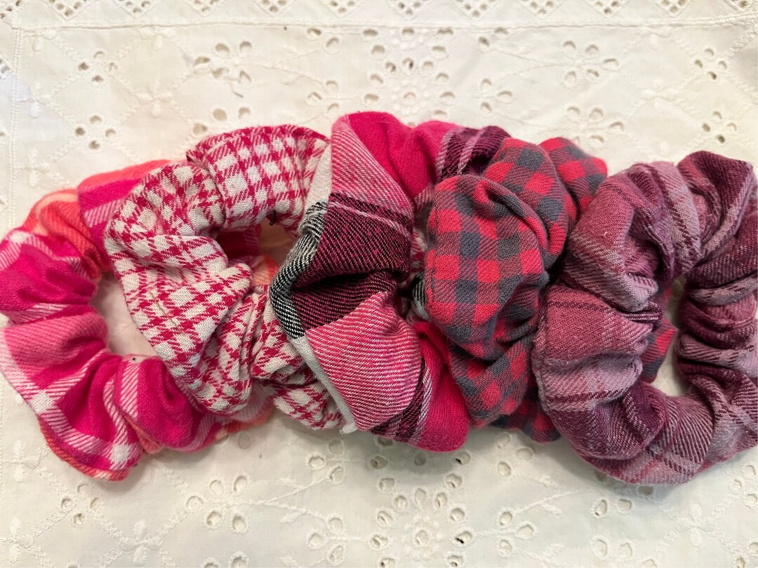 Set of 5 Plaid Hair Scrunchies Pink Magenta Sale Upcycled Handmade Hair ...