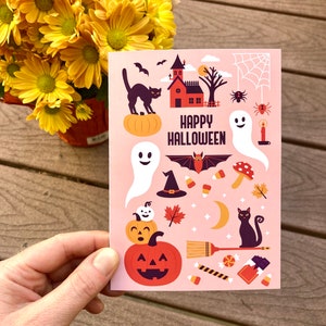 Happy Halloween Card, Black Cat Pumpkin Card, Pink Halloween Notecard ...