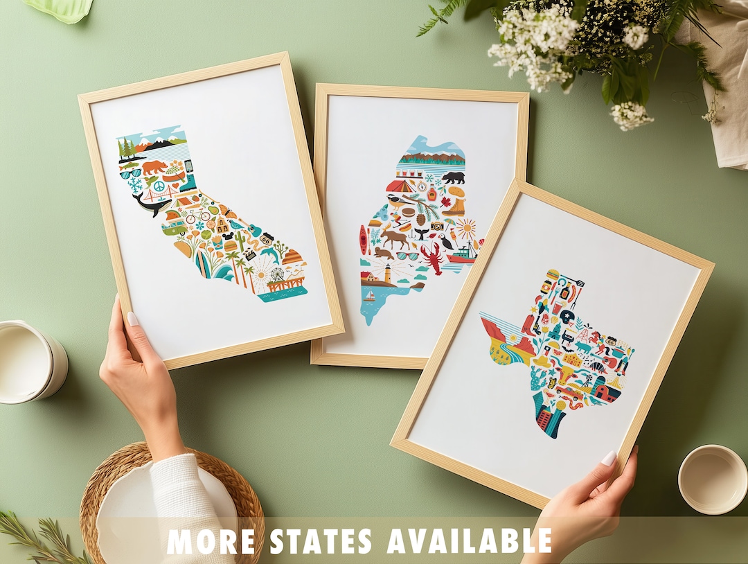 State Print Bundle, Set of Three Map Prints, Home State Wall Art Decor ...
