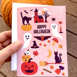 Happy Halloween Card, Black Cat Pumpkin Card, Pink Halloween Notecard ...