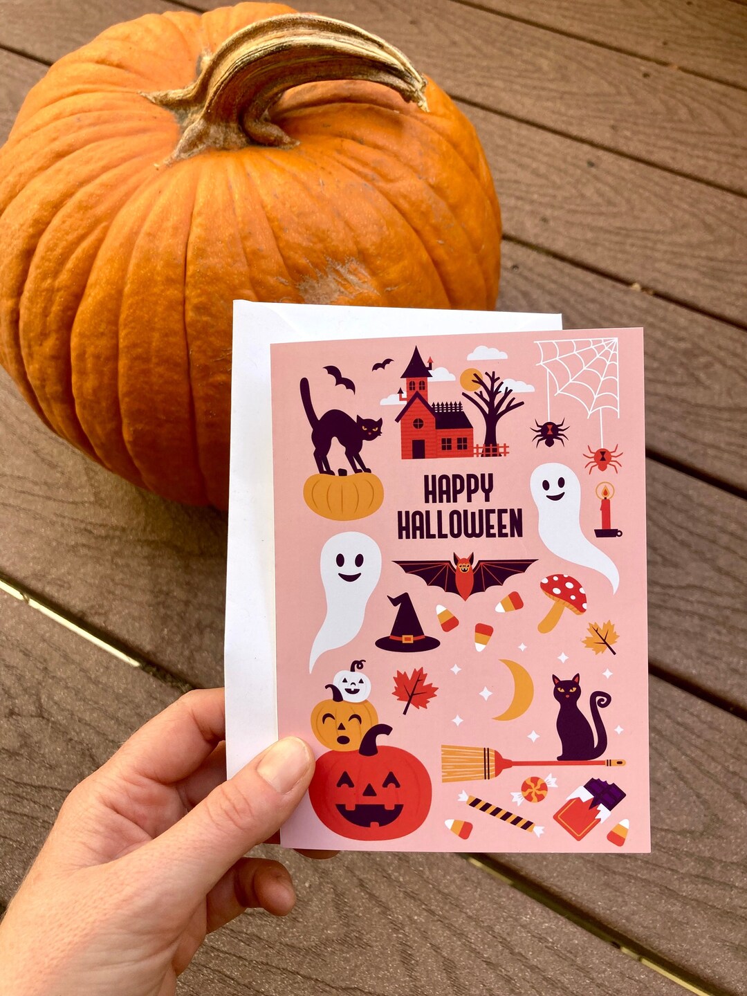 Happy Halloween Card, Black Cat Pumpkin Card, Pink Halloween Notecard ...