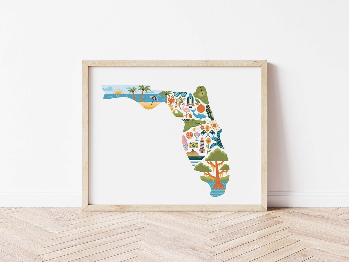 Florida State Print Florida Poster Florida Illustration - Etsy